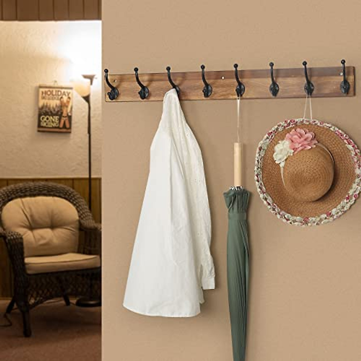 WEBI Rustic Coat Rack Wall Mount,35'' Long 8 Cast Iron Coat Hooks Wall Mounted,Heavy Duty Wall Coat Hanger Hooks for Hanging Coats,Clothes,Rustic Brown