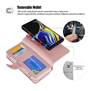 MODOS LOGICOS Crossbody Bag for Samsung Galaxy Note 9 6.4", [Shoulder Wrist Straps] [Zipper Storage] [11 RFID Card Slots 3 ID Window] PU Leather Purse with Removable Inner Magnetic TPU Case - RoseGold