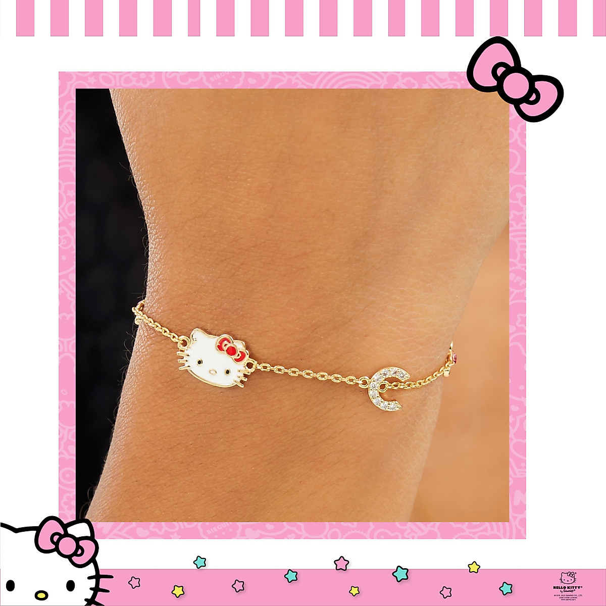 Hello Kitty Sanrio Womens Initial Bracelet 6.5" + 1"- Official License 18k Flash Plated Cubic Zirconia Letter C Bracelet