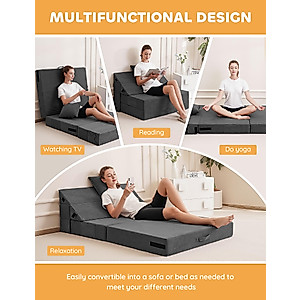 Fjdesklu Folding Couch Sofa Bed - Comfortable Sleeper Chair with Stable Back Support, Pocket and Throw Pillow, Durable Fabric & Portable Design for Napping, Yoga, Reading, and Relaxation - Grey