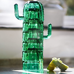 Gökotta Set of 6 | Stacking Cactus Drinking Glasses | Handmade Natural Green Glass | Retro Quirky Gift Present | Dinner Party Cocktail Water Juice Coffee Mugs Cups | 6PCS 250ml