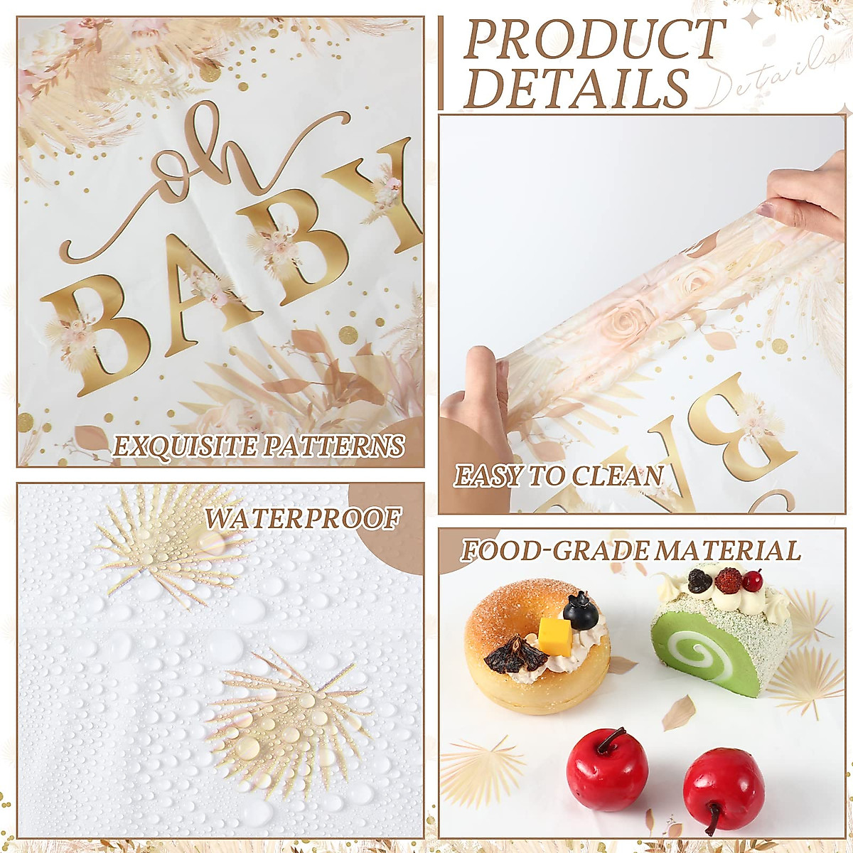 Mixweer 3 Pcs Boho Baby Shower Tablecloth 54 x 108 in Floral Table Cloths Rectangular Waterproof Table Cover for Birthday Party