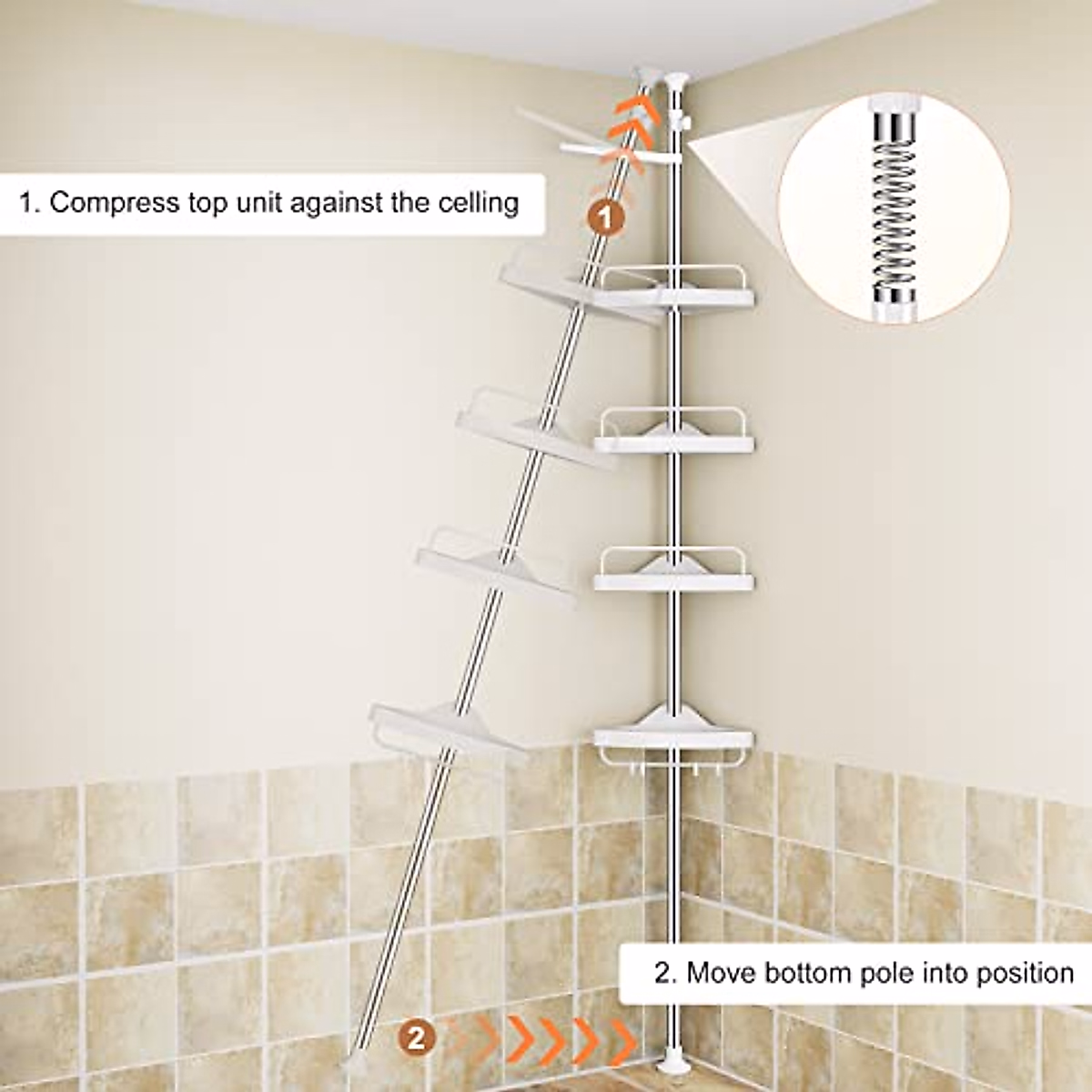 Corner Shower Caddy Tension Pole: Adjustable Stainless Steel Shower Organizer with 4 Tier Shelf for Bathroom Bathtub Tub Shampoo - Floor Standing Rack Bath Storage Holder with Rust Proof Rods