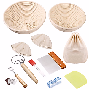 Round Bread Proofing Basket Set of 2, 8" and 9" Natural Rattan Banneton Round Sourdough Baking Bowls with Multi Baking Tools for Professional and Home Bakers