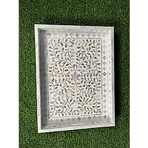 Beautifully Handcrafted Antique Mother of Pearl Serving Tray | White Colour Home Decor Tray | Decorative Food Platter | Handcrafted Ottoman Tray | Breakfast in Bed Tray - Fairdeal Handicrafts