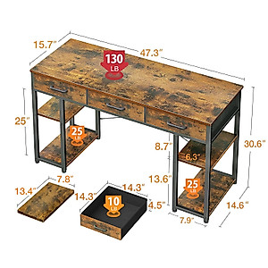 ODK Office Small Computer Desk: Home Table with Fabric Drawers & Storage Shelves, Modern Writing Desk, Vintage, 48"x16"