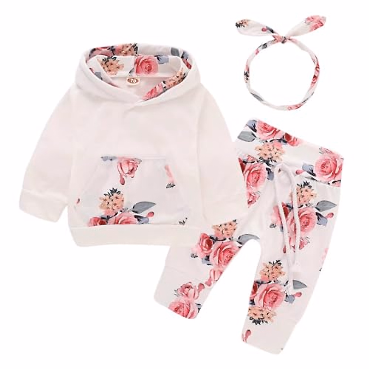 CETEPY Baby Girl Clothes Outfits Newborn Infant Long Sleeve Hoodie + Pants + Headbands White Flower 6-12 Months/80cm