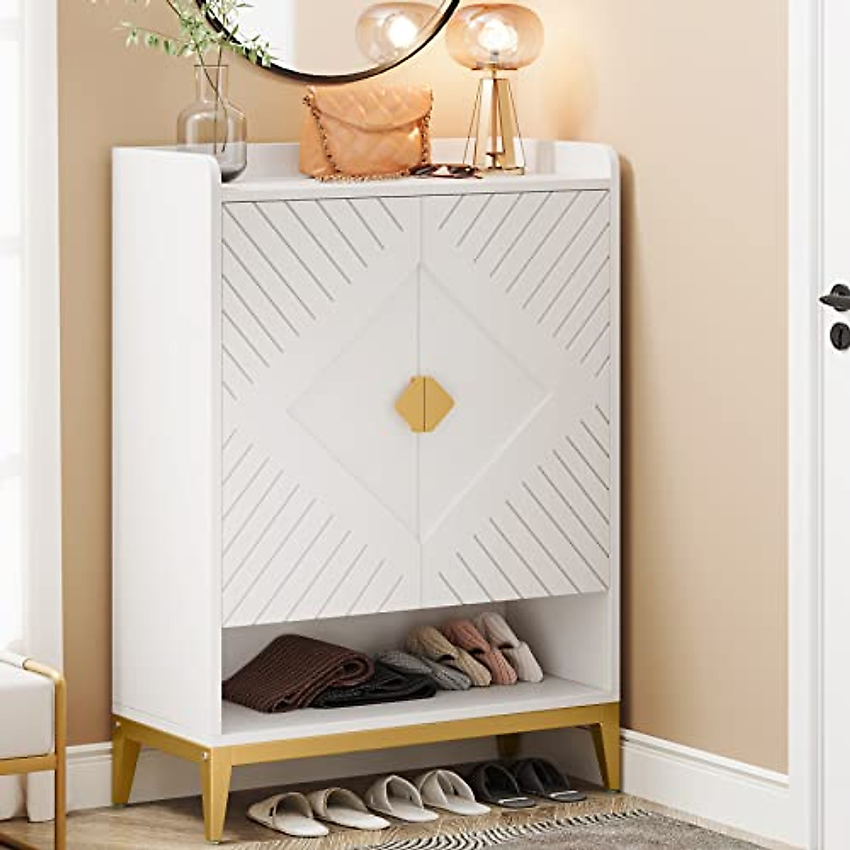Tribesigns Shoe Cabinet with Doors, 25 Pair Shoe Storage Cabinet with Adjustable Shelves, 6-Tier Modern Wooden Shoe Rack Organizer Cabinet for Entryway, Hallway, Closet, Living Room, White and Gold