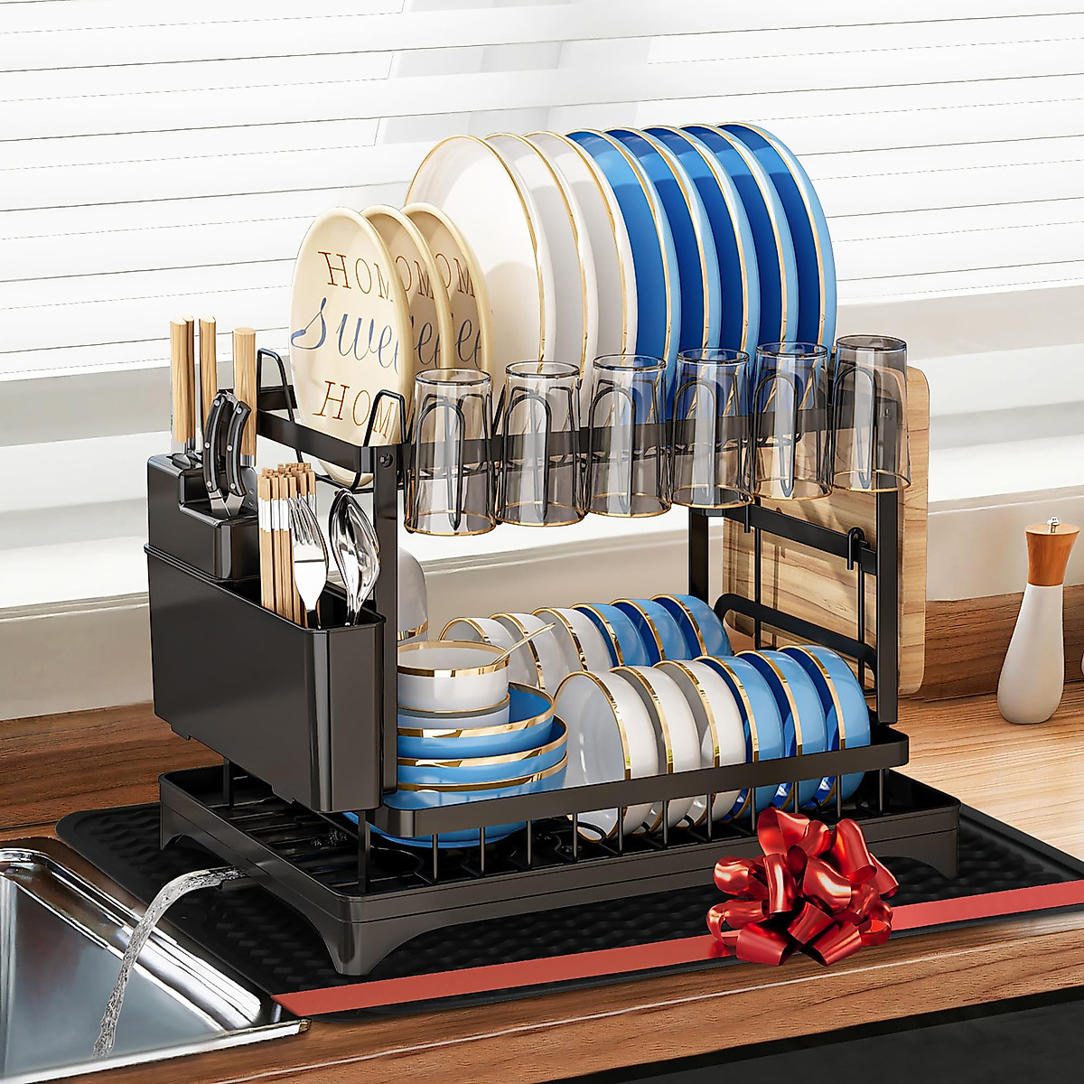 SRIVIJA 2 Tier Detachable Large Sink Dish Drying Rack Over The Kitchen Counter with Drainboard&Silicone Dish Drying Mat,Kitchen Large 2 Tier Stainless Steel Drying Rack with Dishes Drainer(Black)