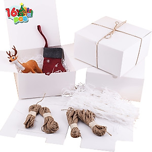 JOYIN 16 Pcs Christmas Kraft Gift Boxes, 8 x 8 x 4 In Easy Assemble Holiday Gifts Boxes with Grass Twines and Raffia Paper for Valentine's Day, Birthday, Wedding, Holiday Gift Wrapping