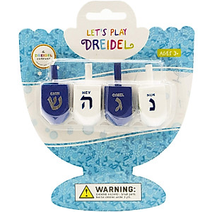 The Dreidel Company Bulk Solid Blue & White Wooden Hanukkah Dreidels, Hand Painted with English Transliteration- Includes Game Instruction Cards (4-Pack)