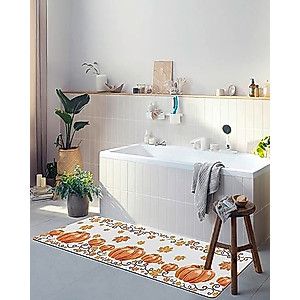 Orange Pumpkin Bath Mat for Tub,Non Slip Bathroom Floor Runner Rug Quick Dry & Absorbent Diatomaceous Earth Shower Sink Bedroom Kitchen Washable Doormat,Thanksgiving Fall Maple Leaves White 20"x47"