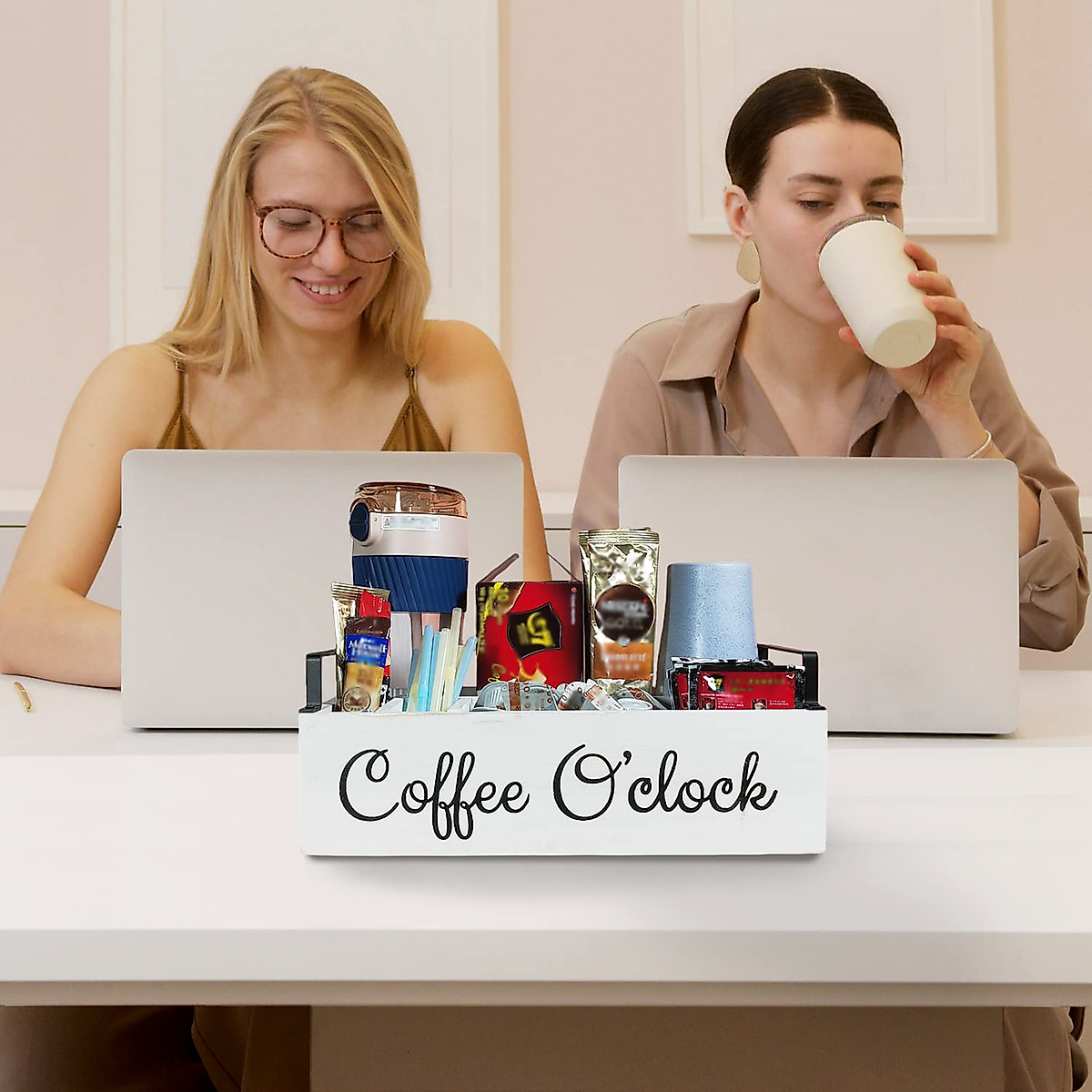 QUALLON Coffee Station Organizer with Small Removable Dividers, Wooden Coffee Bar Accessories Storage For Countertop, Farmhouse Kcup Coffee Pod Holder Basket With Handle For Coffee Lover - white