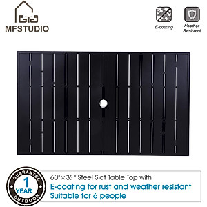 MFSTUDIOO 6-Person Outdoor Metal Steel Slat Dining Rectangle Table with Adjustable Umbrella Hole, Black