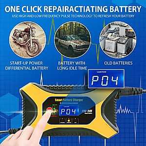 Katbo Battery Charger 12V 24V 6-Amp Auto-Voltage Detection Lead Acid Battery Float Charger Maintainer with LCD Display for Motorcycle Car