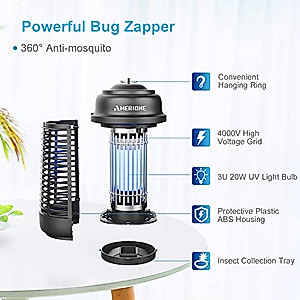 Amerione Bug Zapper for Indoor and Outdoor, 20W Electric Mosquito Zapper, Waterproof Insect Killer, 4200V Fly Trap for Home, Bedroom, Backyard, Camping, Patio and More
