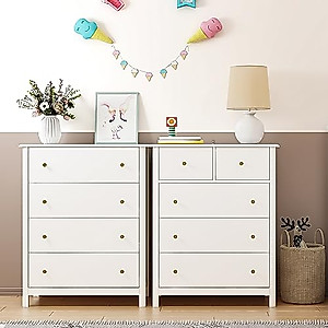 HOUSUIT White Dresser with 5 Drawers, Tall Dresser Chest of Drawers, 5 Drawer Dresser with Deep Space, Wood Dresser Storage Cabinet for Living Room, Hallway, Office, Ivory White