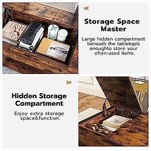 HOOBRO Lift Top Coffee Table, Coffee Table with Charging Station, Coffee Table with Lift Top and Power Outlet, Center Table for Living Room, Office, Reception Room, Rustic Brown and Black BF05UKF01