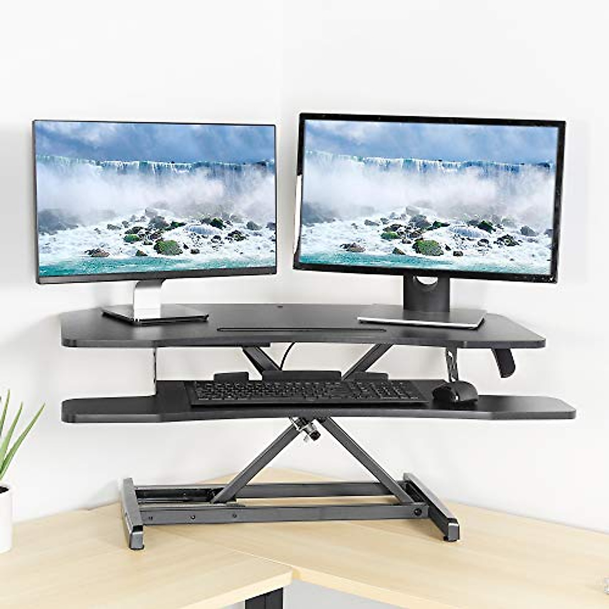 VIVO Corner Height Adjustable 37 inch Standing Desk Converter, Quick Sit to Stand Tabletop Dual Monitor Riser Workstation, DESK-V037MC