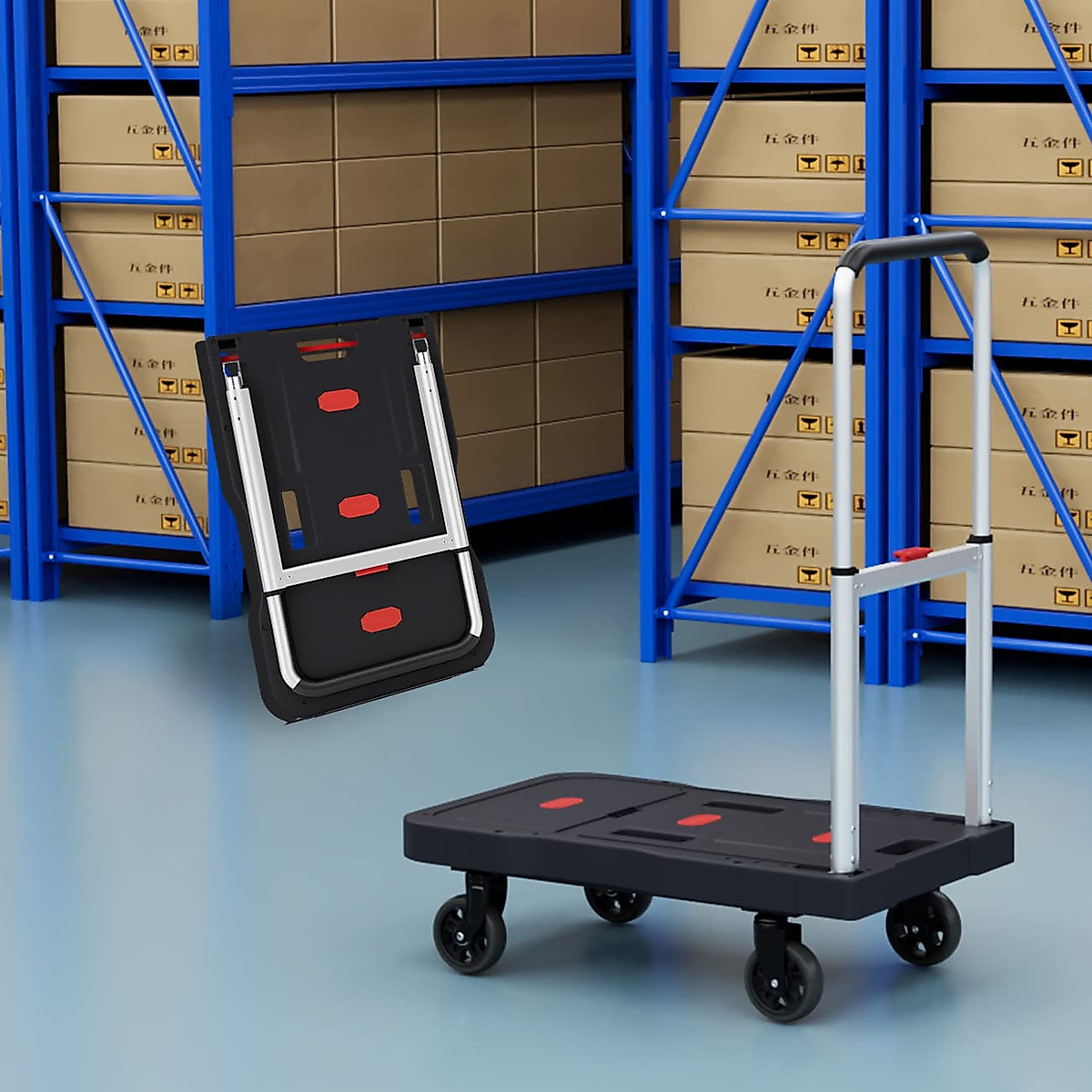 Platform Truck Foldable Push Cart Dolly 330lb Weight Capacity, Adjustable Hand Truck Handle with 360 Degree Swivel Wheels for Garage Garden Home & Office Use, Black