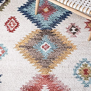 SAFAVIEH Calista Shag Collection 4'5" x 6'5" Ivory/Blue CAL142A Moroccan Boho Tribal Non-Shedding Living Room Bedroom Dining Room Entryway 1-inch Thick Area Rug