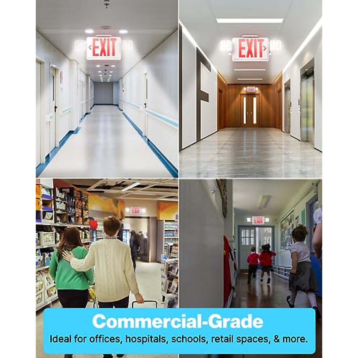 Sunco Red Exit Signs With Emergency Lights, Two Adjustable Square LED Lights, 94V-0 Fire Resistant, Backup Battery, 120-277V, Wall Or Ceiling Mount, Commercial Grade Double Sided 4 Pack