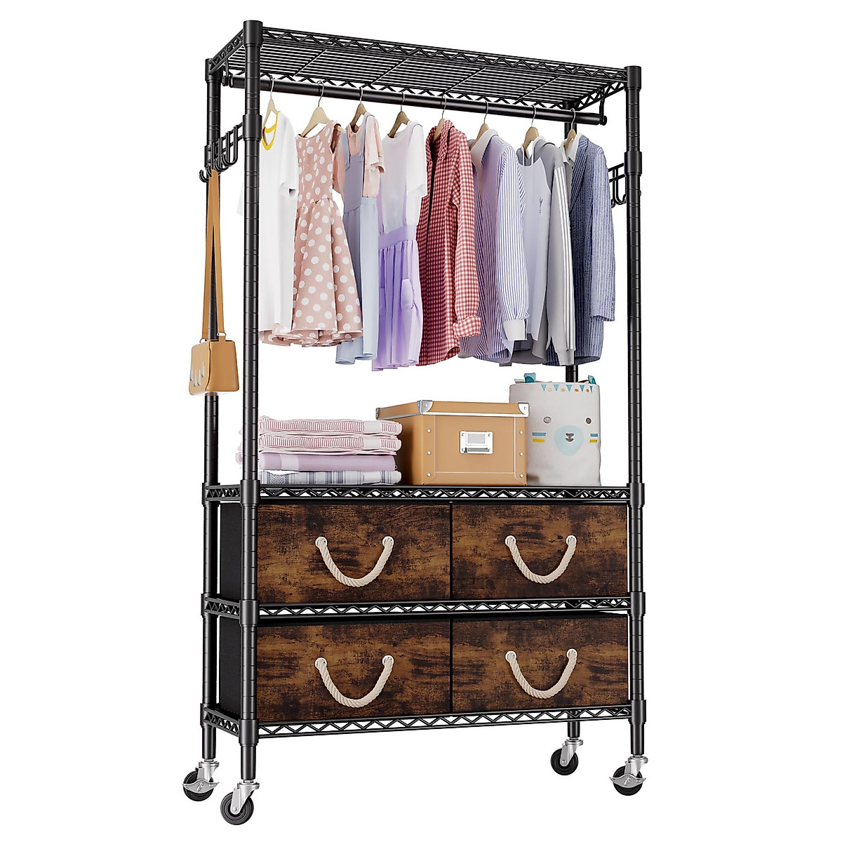 Maiproo Clothes Rack with Drawers Rolling Heavy Duty Clothing Racks for Hanging Clothes Garment Rack with 4 Fabric Drawers Adjustable with Double Side Hooks Wardrobe Closet Portable Storage Black