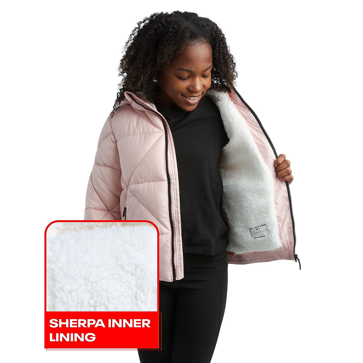 Reebok Girls' Winter Coat - Heavyweight Quilted Sherpa Fur Lined Cropped Puffer Parka - Casual Jacket for Girls (4-16), Size 10-12, Blush