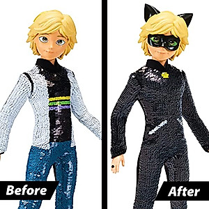 Miraculous Fashion Flip Adrien to Cat Noir 10.5” Action Doll Sequins