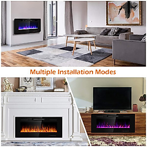 Tangkula 42 Inches Recessed Electric Fireplace, in-Wall & Wall Mounted Electric Heater with Adjustable Flame Color & Speed, Remote Control, Touch Screen, 750-1500W (42 Inches)