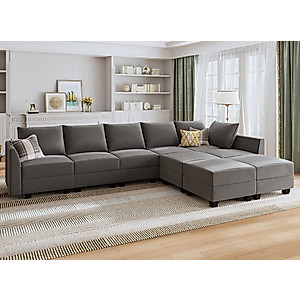 HONBAY Modular Sectional Sofa Set Oversized U Shaped Couch with Storage Ottoman Convertible Sleeper Sectional Sofa Velvet Modular Couch with Wide Chaise, Grey