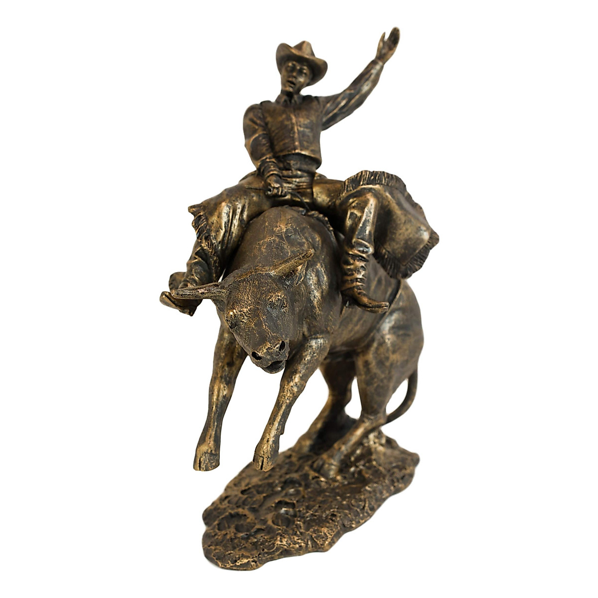 Ebros Rustic Western Rodeo Bull Rider Cowboy On Rearing Angry Bull Statue 10" Tall Faux Bronze Resin Old World Wild West Cattle Bull Riding Cowboys Themed Accent Figurine