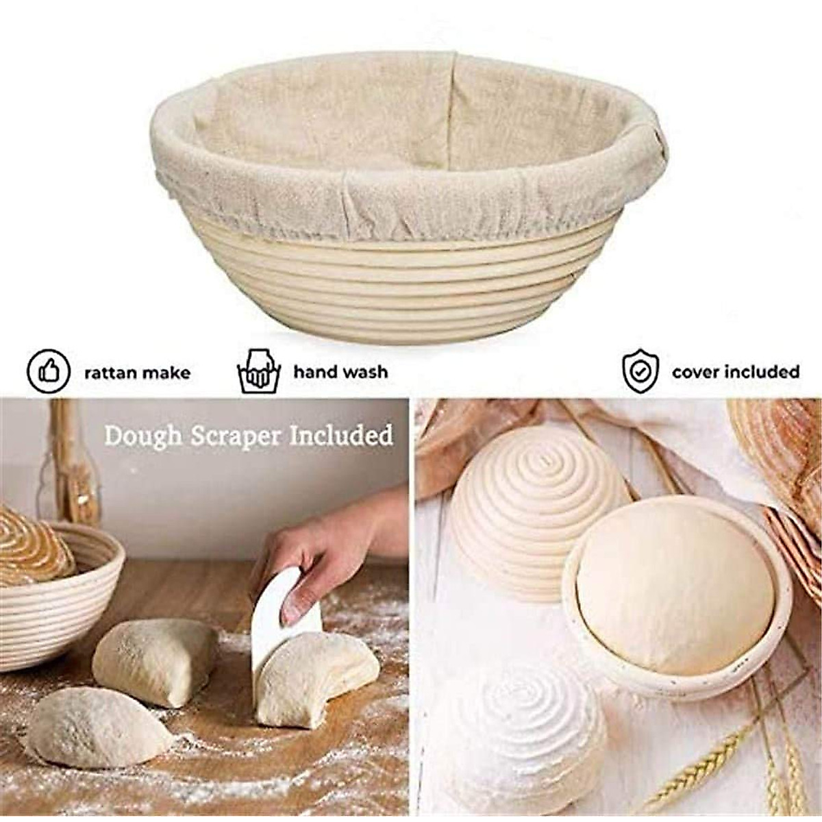 12 Inch Banneton Bread Proofing Basket Set - French Style Artisan Sourdough Bread Bakery Basket Brotform Cloth Liner Included - 100% natural rattan