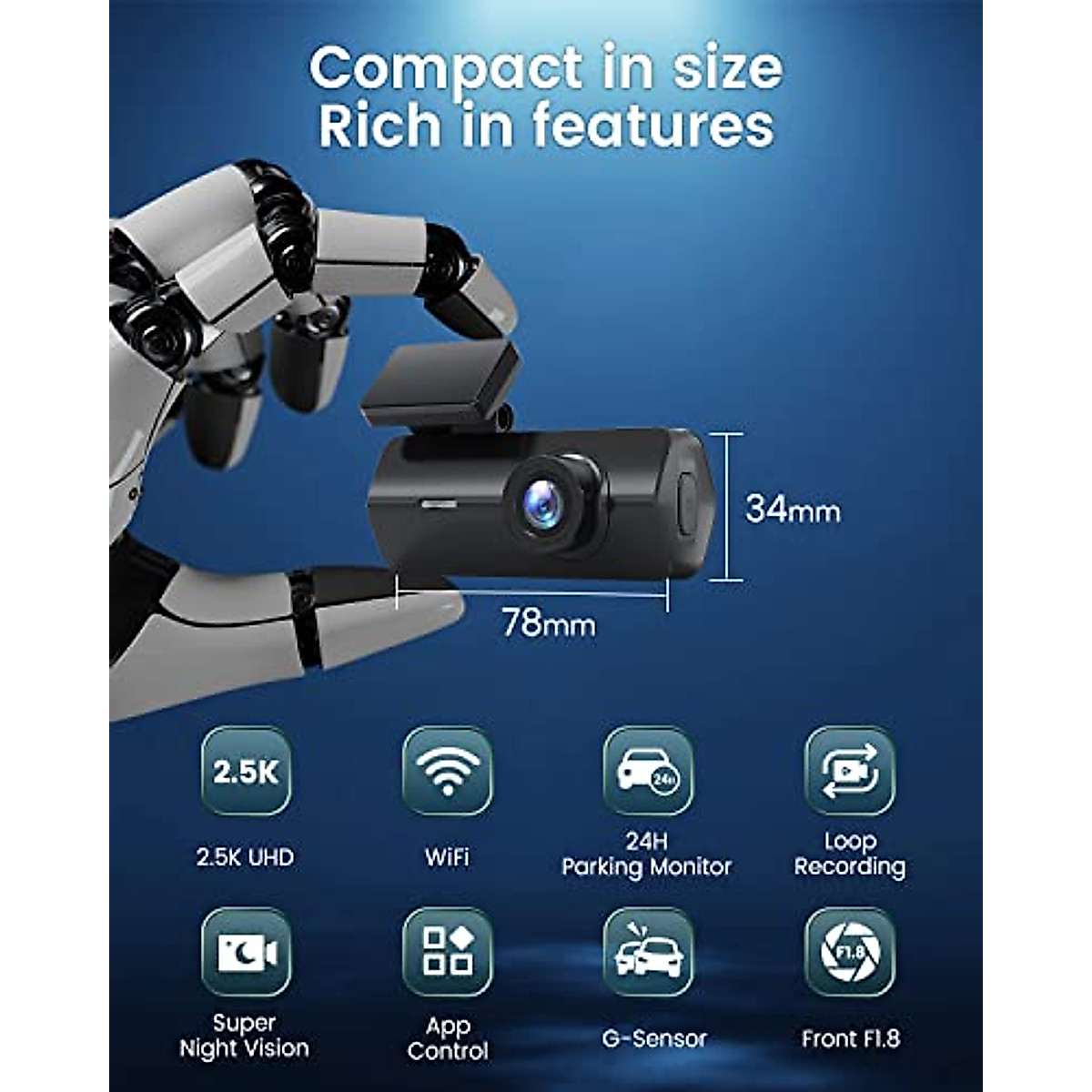 Car Camera 2.5K UHD Dash Cam, WiFi Dash Camera for Cars, Front Dashcam for Cars with Super Night Vision, WDR, 170°Wide Angle, Loop Recording, G-Sensor, 24 Hours Parking Monitor, APP, Support 128GB Max