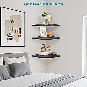 DUICIRX Corner Wall Shelves, Wood Corner Floating Shelves with Cable raceway, Wall Mount Storage Display for TV Accessories, Monitor, Speaker, Cable Box, Game Console (Black, Diamond- 12 Inch)