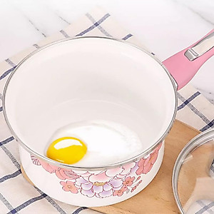 Enamel Saucepan 1500ml, Floral Small Cooking Pot Casserole with Glass Lid, Handle, Milk Pan Ramen Stockpots for Induction, Electric and Gas Stoves.
