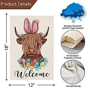 Happy Easter Garden Flag 12x18 Double Sided Burlap, Small Vertical Easter Highland Cow Welcome Garden Yard Flags for Spring Outdoor Outside Decoration (Only Flag)