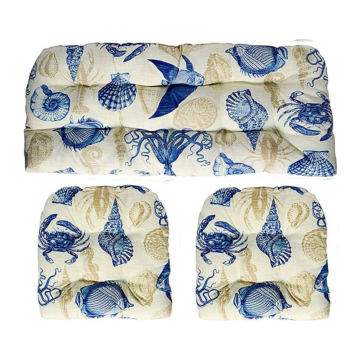 RSH Décor: 3 Piece Tufted Wicker Settee and Chair Cushion Set | Indoor/Outdoor All Weather Polyester Pattern Fabric | Reversible | 1 Loveseat 41”x19 & 2 U-Shape Cushions 19"x19" | Blue Tan Crab