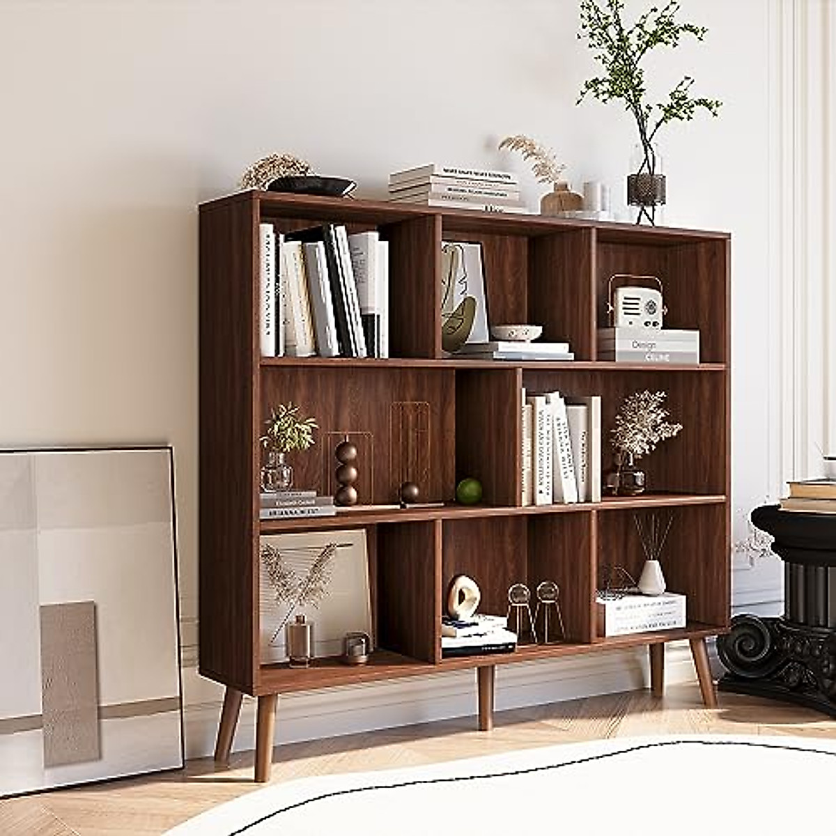 VICLLAX 3-Tier Open Book Shelf with Legs, Storage Walnut Book Shelves, 8 Cube Floor Standing Display Shelf for Home Office, Bedroom, Reading Room