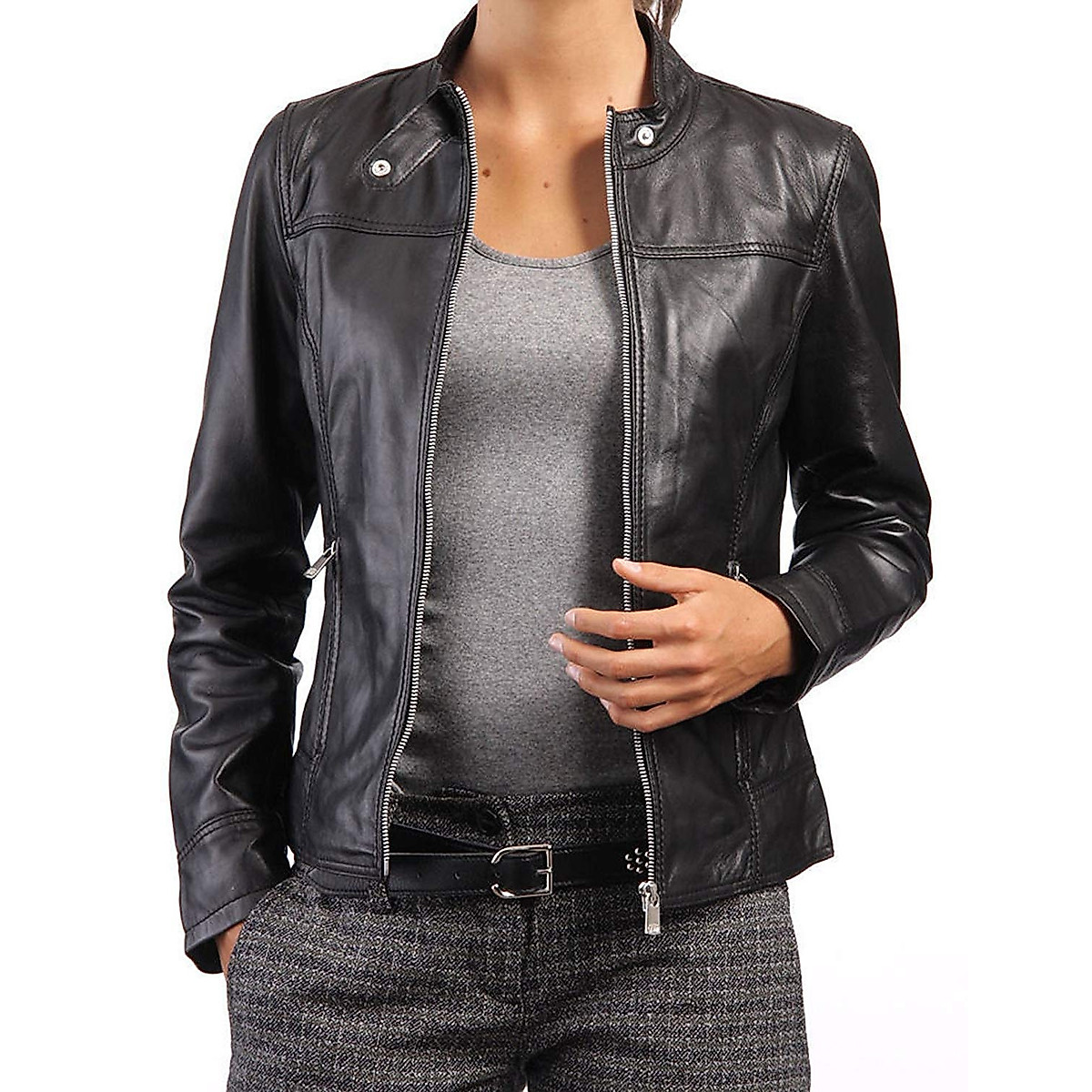 Price Right Women Genuine Lambskin Leather Slim Fit Cafe Racer Black Jacket Biker Coat (Black, Large)