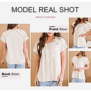 Dokotoo Womens Ladies 2023 Summer Sexy Lace V Neck Eyelet Short Sleeve Boho Shirts Spring Casual Loose Solid Chiffon Blouses for Women Tops Apricot 1X Large