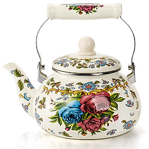 Fasmov 2.5L Enamel Teapot, Large Porcelain Enameled Teakettle, Floral Colorful Tea Kettle with Handle for Stovetop, Retro Steel Teapot for Hot Water, No Whistling