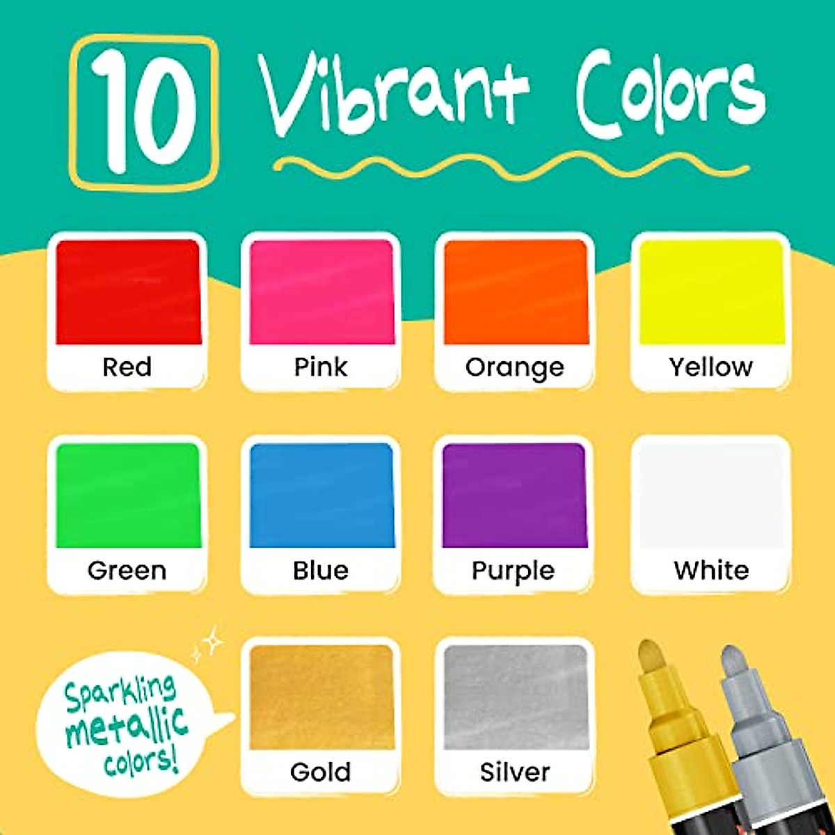 Chalkola Liquid Chalk Markers Erasable (10 Pack) w/ Gold & Silver - Washable Paint Chalk Pens for Chalkboard Signs, Blackboard, Car Window, Bistro, Glass, Board - Neon Wet Wipe 6mm Reversible Bold Tip