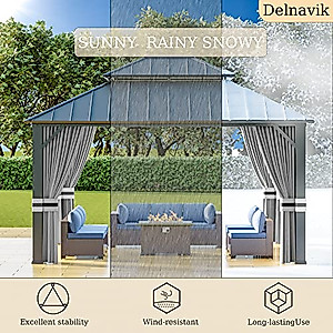 Delnavik 12X14FT Hardtop Gazebo Double Roof, Pergolas Aluminum Frame, Outdoor Metal Gazebos with Netting and Curtains for Patio, Backyard, Deck and Lawns, Grey