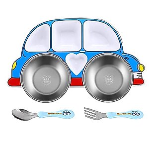 Divided Plate and Bowl Set,BPA Free Meal Snack Plate,Dinnerware Eating Supplies Kitchen Utensils,6 Pieces with Spoon Fork and Lid,Car-shaped by lrrjhtac, Blue