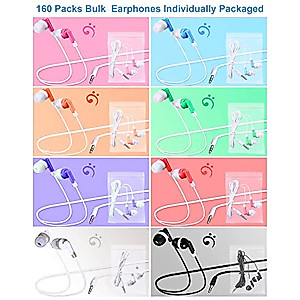Konohan 160 Packs Bulk Earbuds with Wire Kids Earphones Classroom Headphones for Students Headphones Individually Bagged, 8 Colors Ear Buds Earphones Bulk Headphones for Classroom School Library