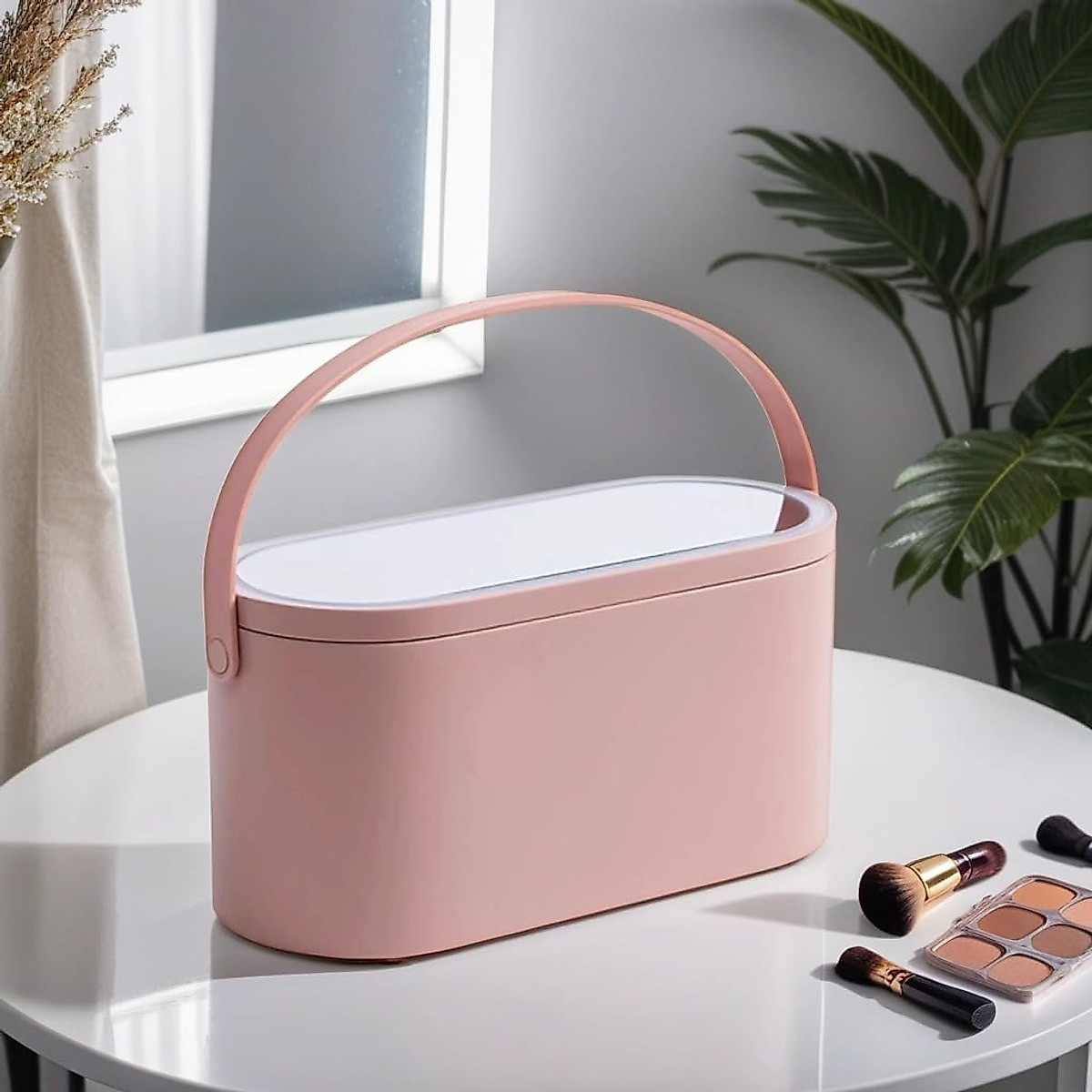 Luckystar Travel Makeup Organizer Box with LED Mirror, Pink Portable Makeup Case Touch Switch Home Cosmetic Box Jewelry Organizer Birthday Valentine's Day Gift for Women Girls,Pink