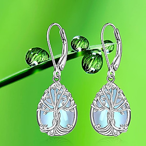 Tree of Life Earrings Moonstone Earrings for Women Sterling Silver 925 Teardrop Moonstone Family Tree Leverback Dangle Jewelry Christmas Valentines Gifts