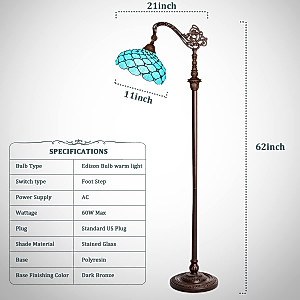 Thatyears Tiffany Floor Lamp Seagrass Blue Beads Style Gooseneck Arch Adjustable Corner Standing Reading Light Decor Bedroom Living Room Home Office