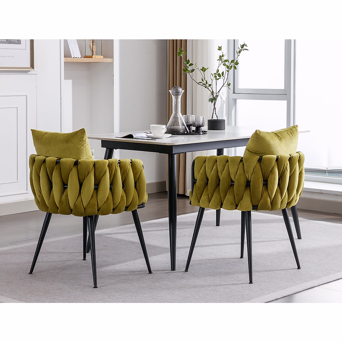 INMOZATA Mid Century Modern Dining Chairs Set of 2, Hand Weaving Accent Chairs Living Room Chairs, Upholstered Velvet Armchair with Metal Legs for Dining Room Kitchen Living Room Vanity,Olive Green